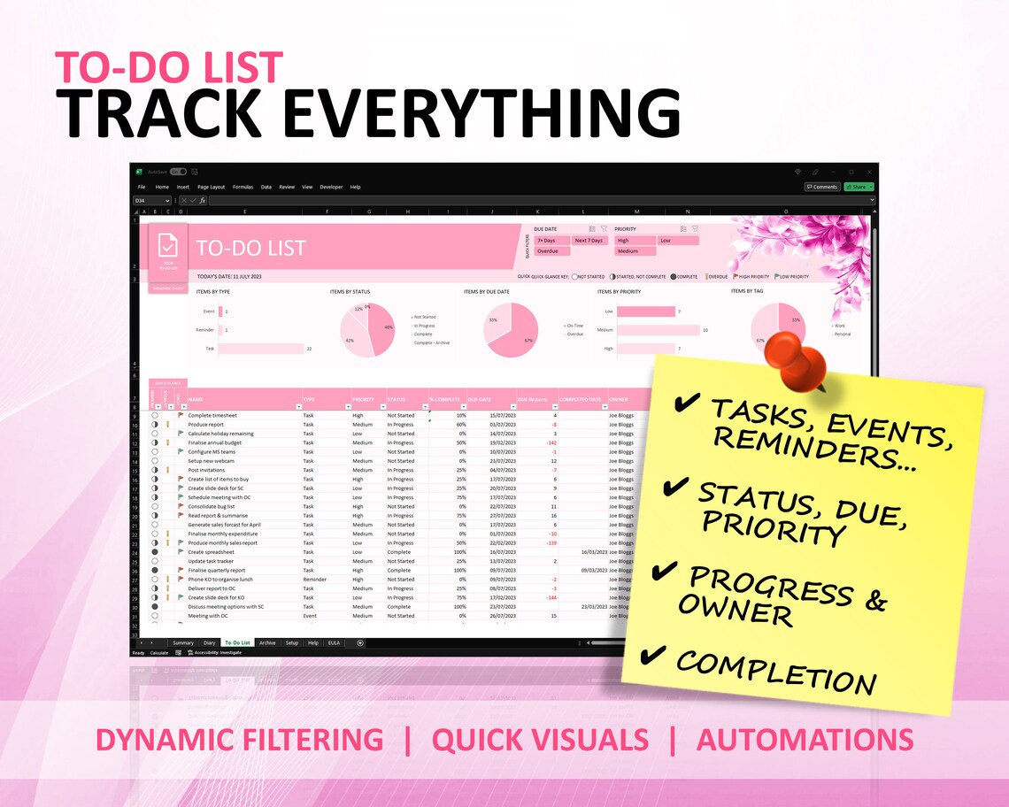 Excel to Do List Template, Excel Task Planner Spreadsheet, Digital ...