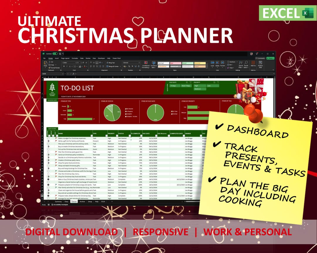 Ultimate Christmas Planner, Task Tracker & To-do List Excel Spreadsheet ...