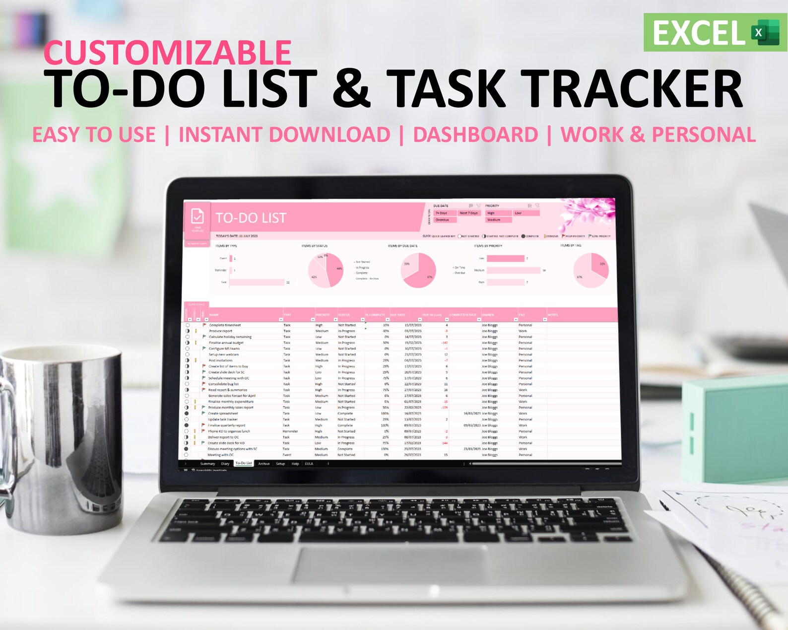 Excel to Do List Template, Excel Task Planner Spreadsheet, Digital ...