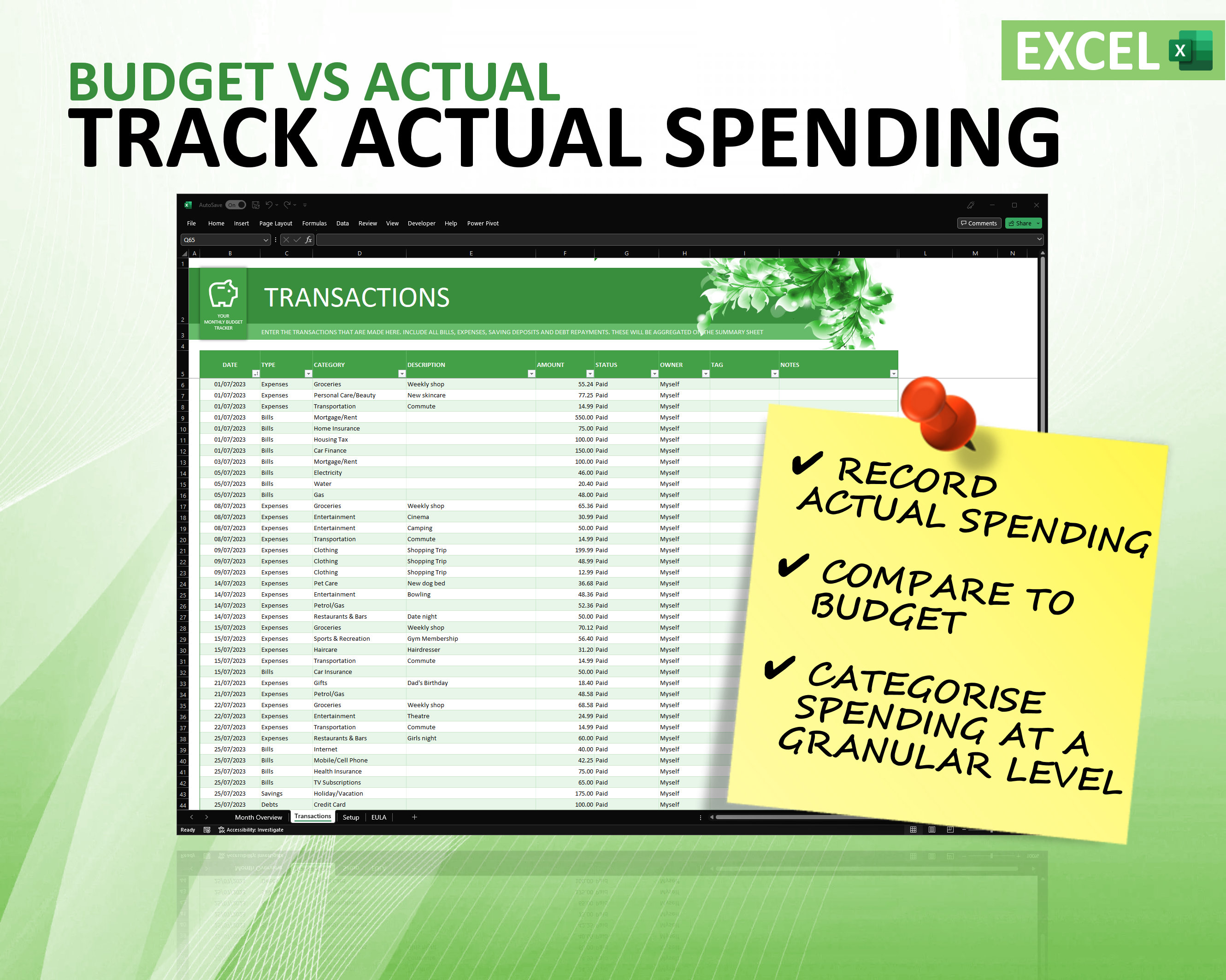 Monthly Budget Tracker Spreadsheet Template for Microsoft Excel - Etsy