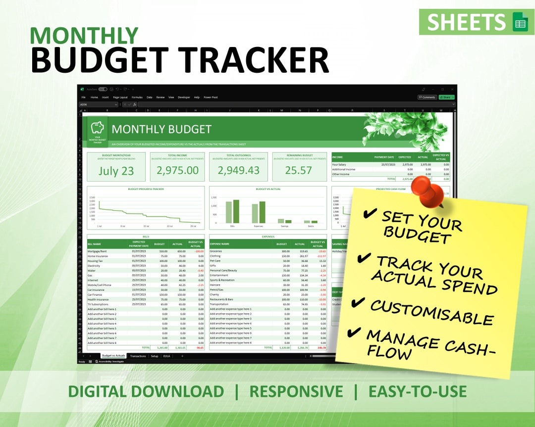 Monthly Budget Tracker Spreadsheet Template for Google Sheets - Etsy