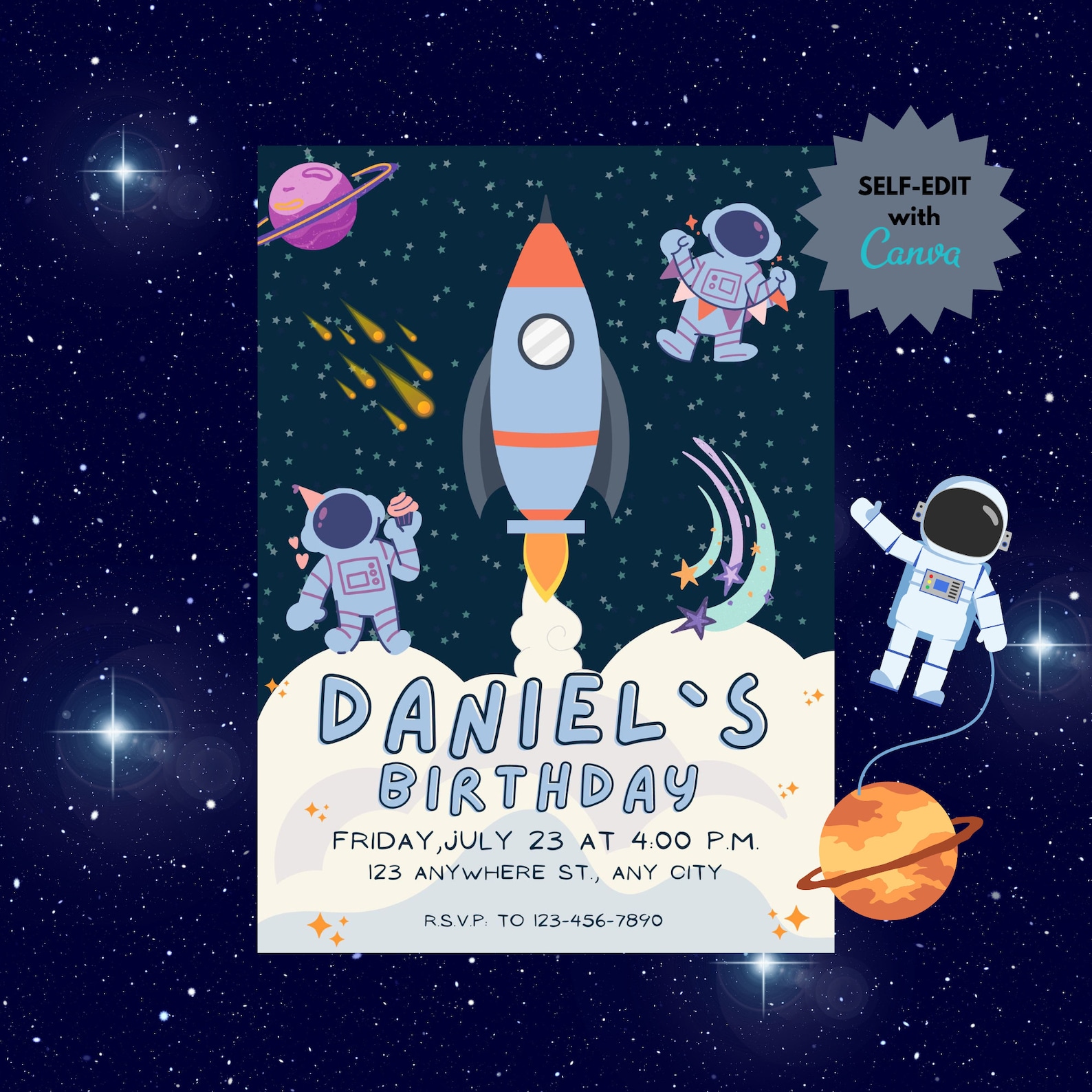 Blue Illustrated Space Galaxy Stars Astro Birthday Boy Digital ...