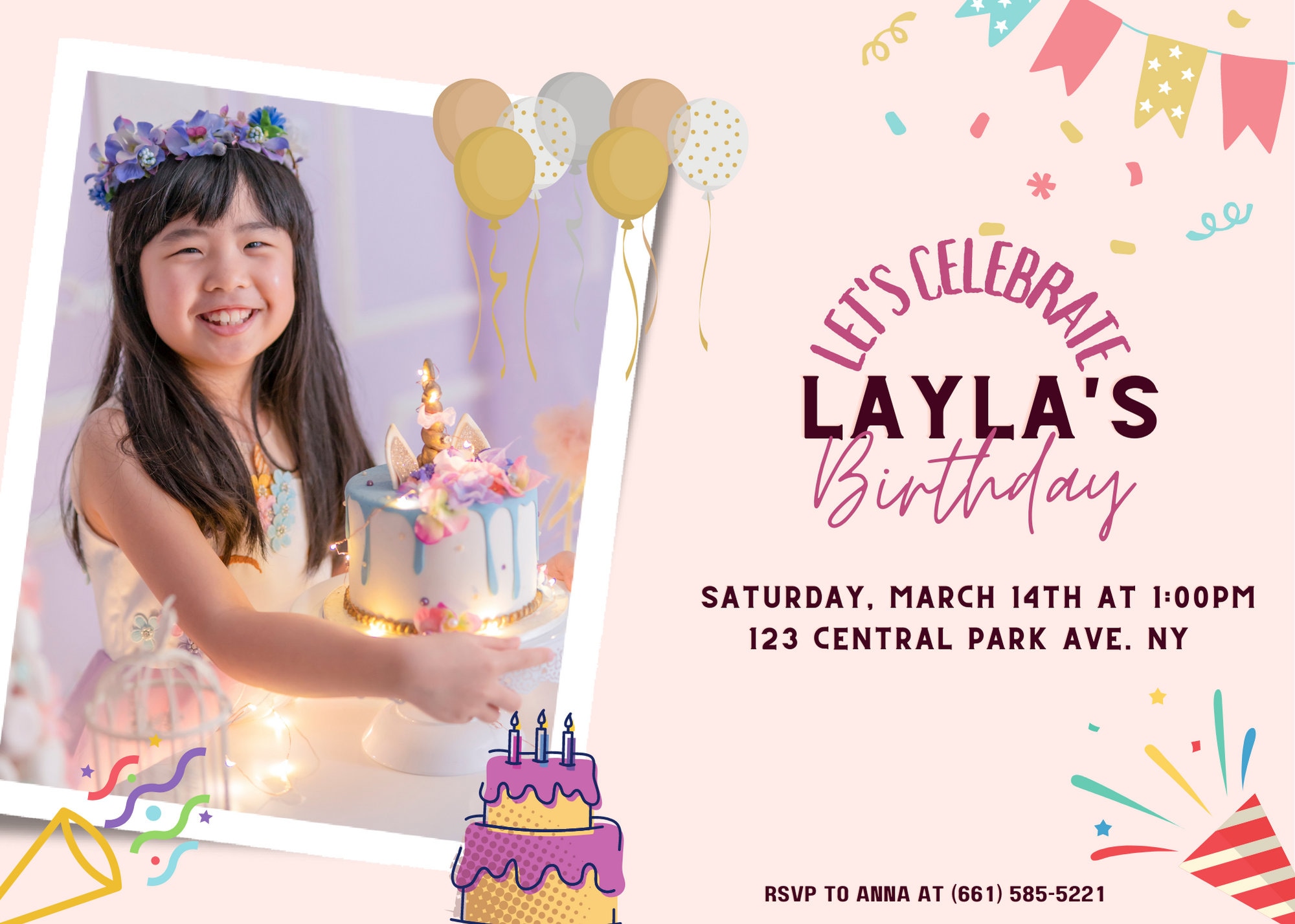 Cute Invitation Card Photo Picture Pink and Gold Girl Magical ...