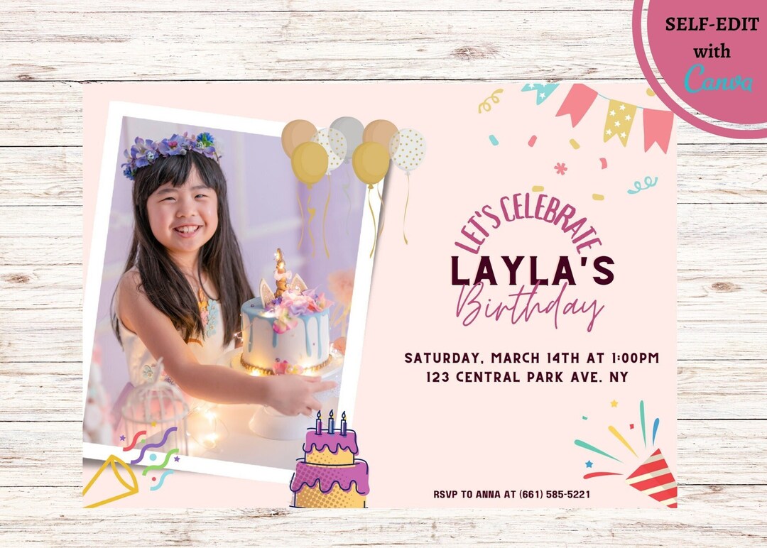 Cute Invitation Card Photo Picture Pink and Gold Girl Magical ...