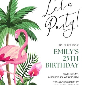 Flamingo Tropical Floral Let's Party Digital Invitation Card | Editable ...