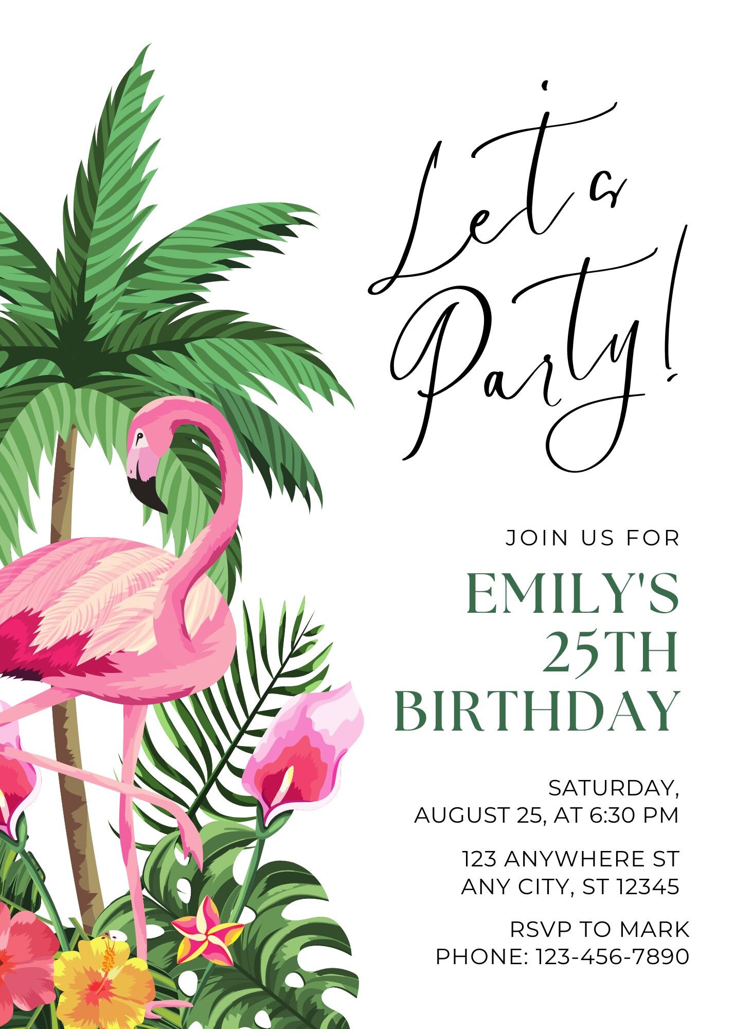 Flamingo Tropical Floral Let's Party Digital Invitation Card | Editable ...