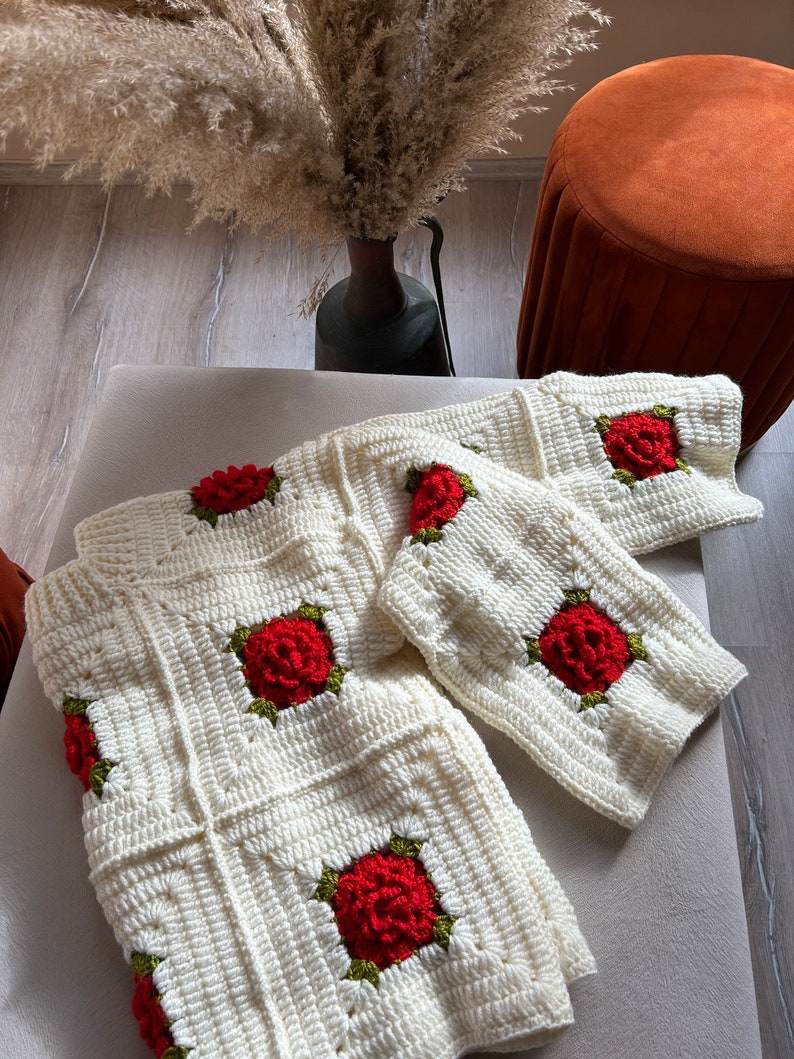 Hand Knit Sweater, Red Rose Pullover Sweater, Valentine’s Day Gift ...