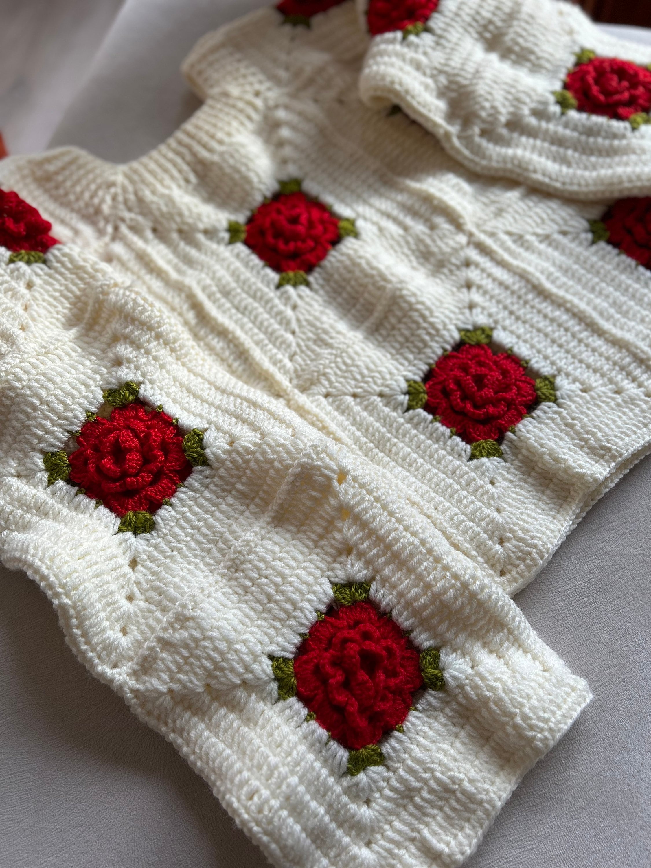 Hand Knit Sweater, Red Rose Pullover Sweater, Valentine’s Day Gift ...