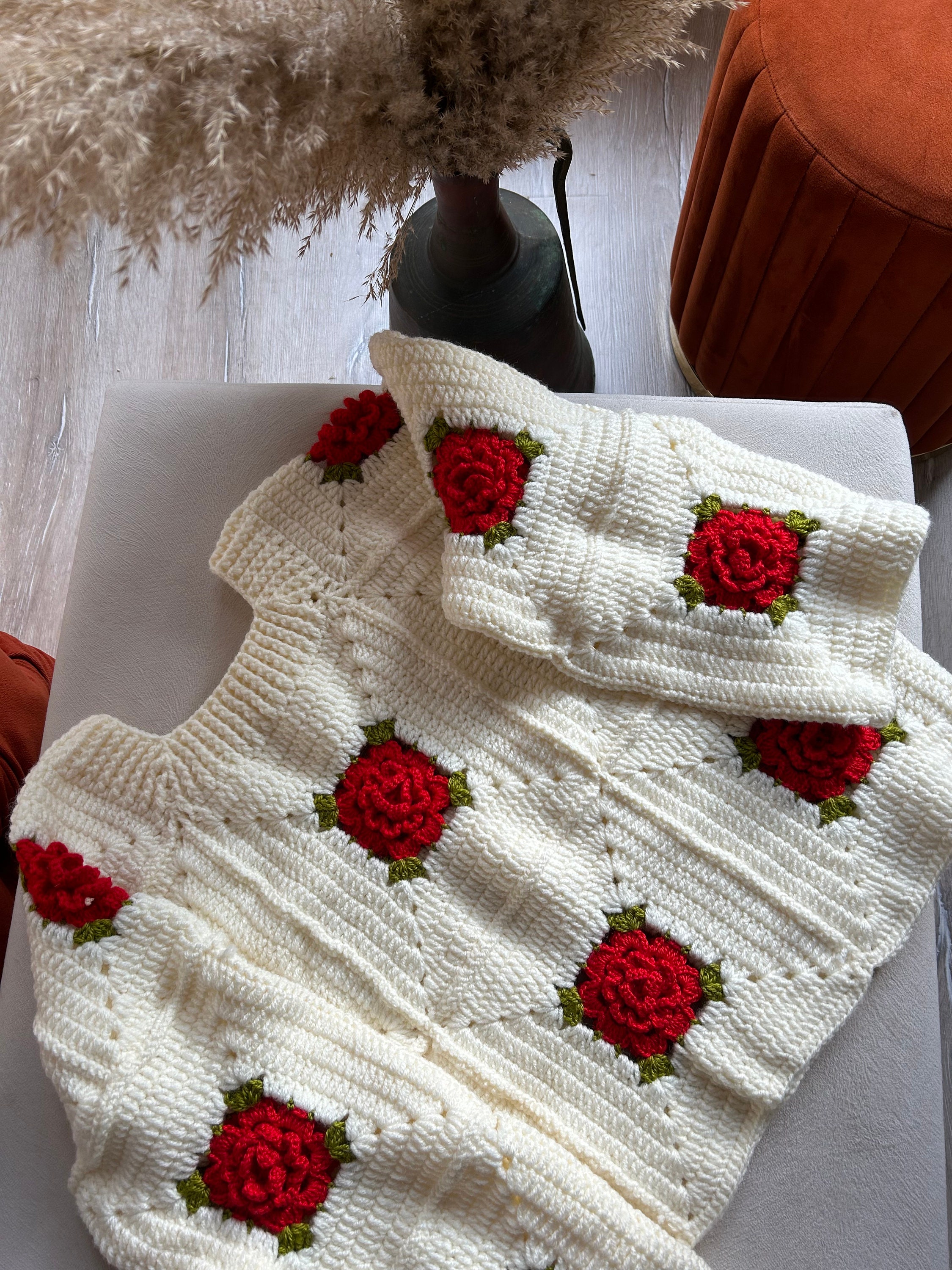 Hand Knit Sweater, Red Rose Pullover Sweater, Valentine’s Day Gift ...