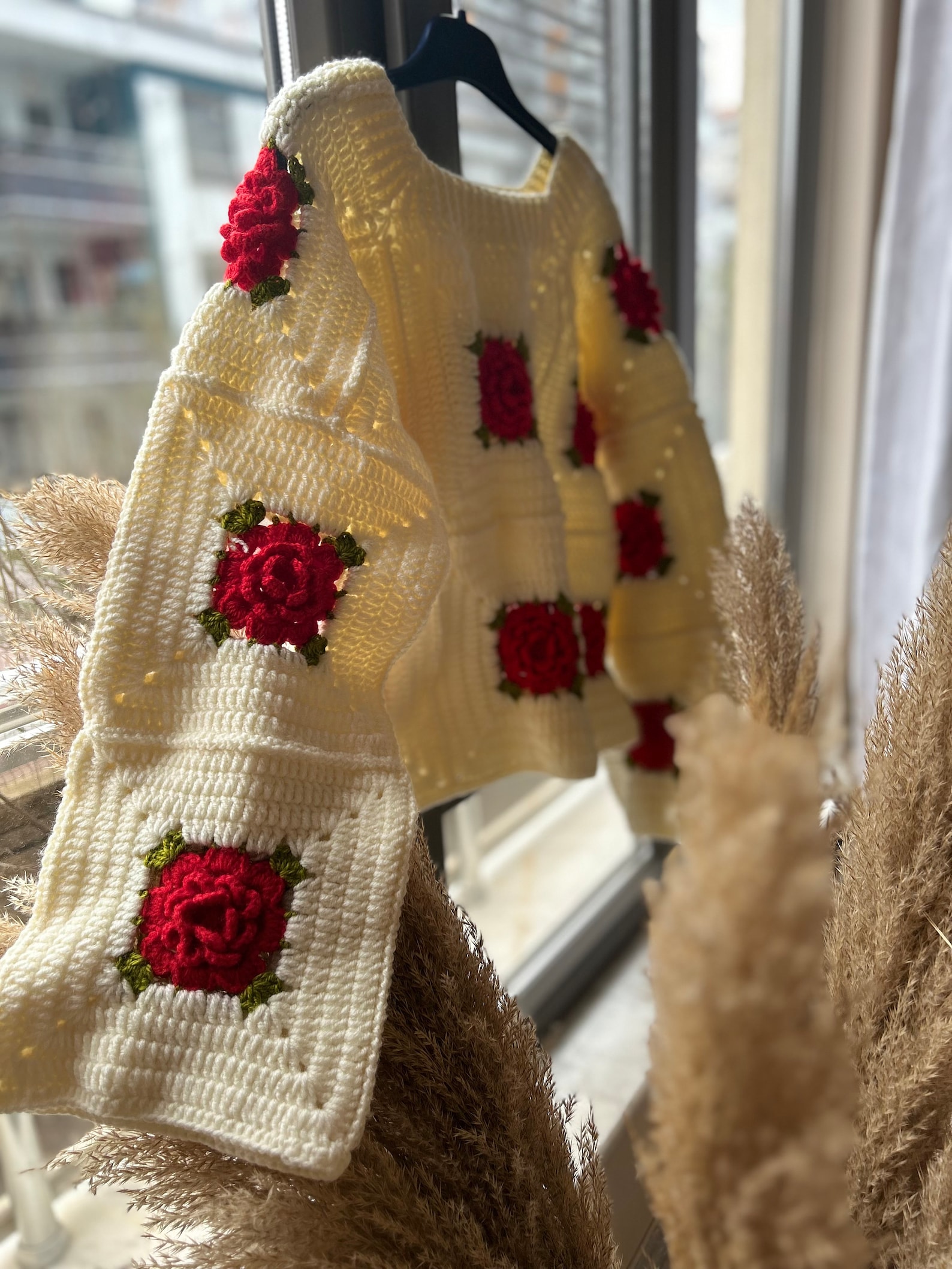 Hand Knit Sweater, Red Rose Pullover Sweater, Valentine’s Day Gift ...
