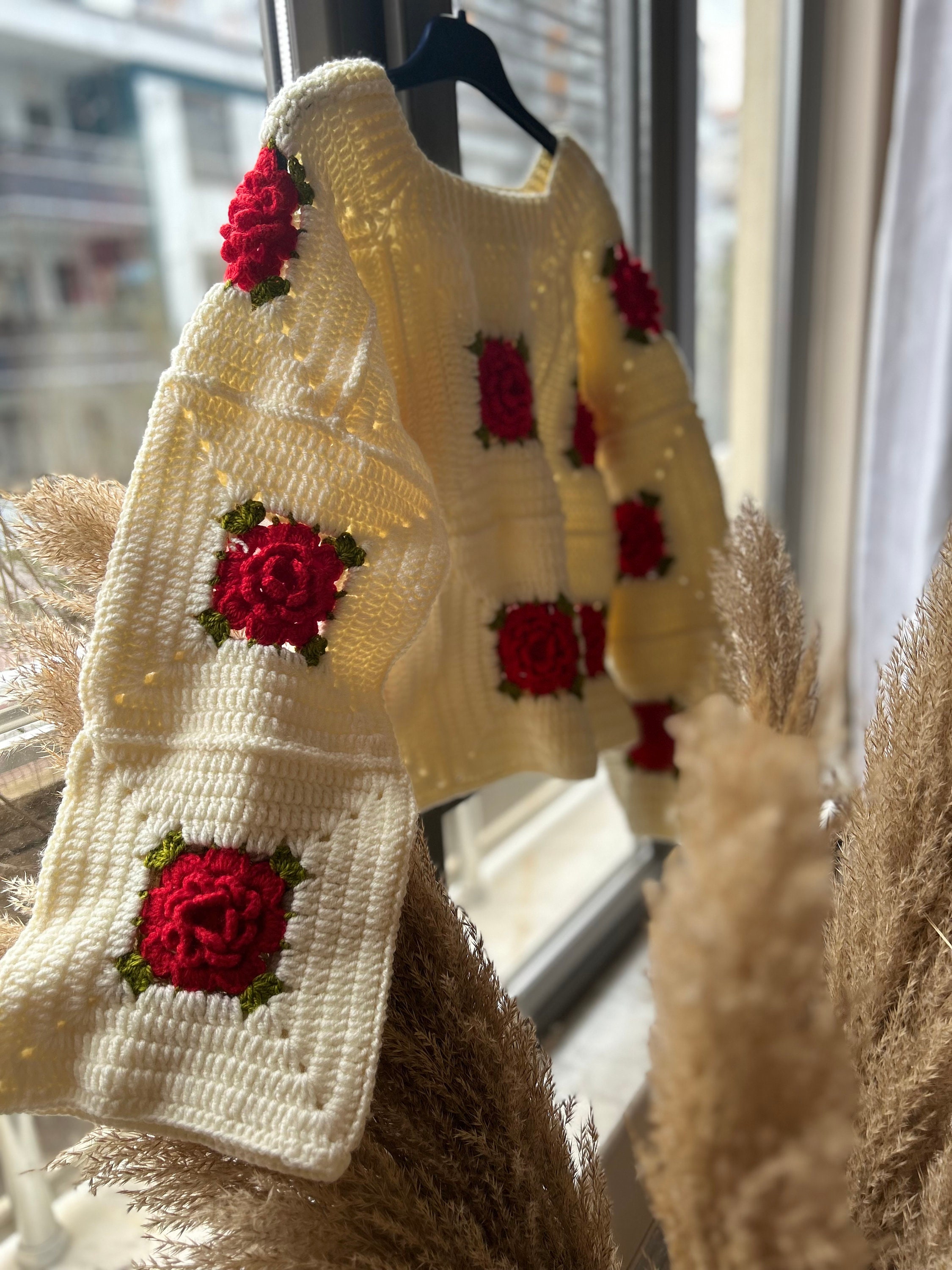 Hand Knit Sweater, Red Rose Pullover Sweater, Valentine’s Day Gift ...