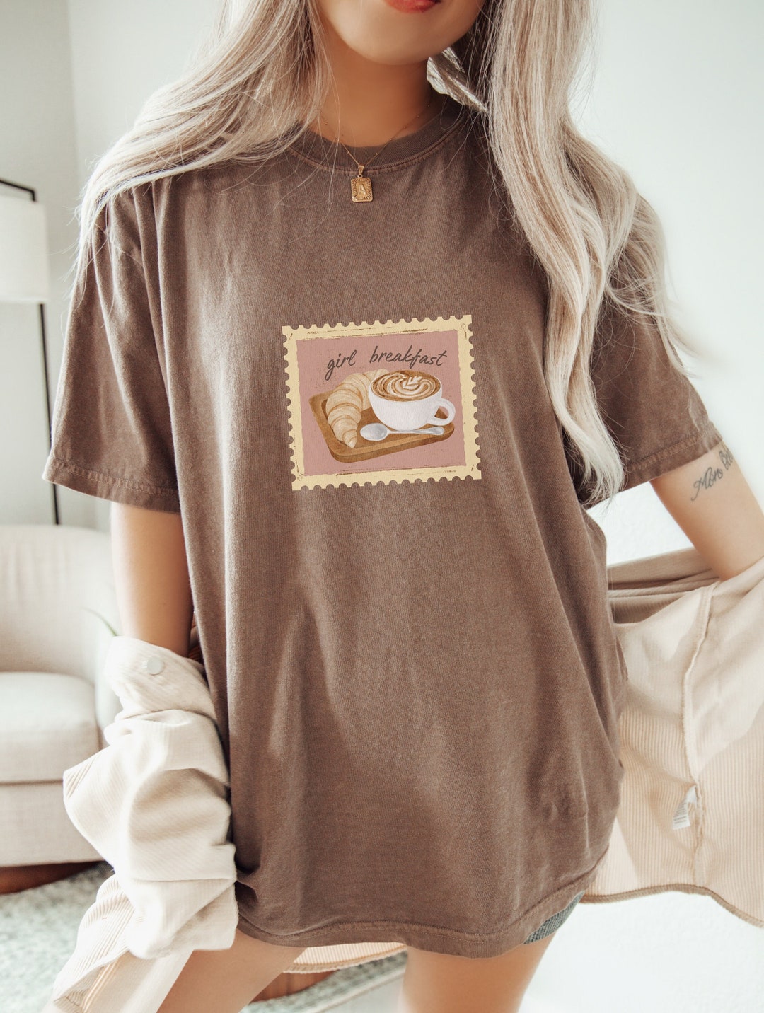 Girl Breakfast Croissant Shirt Cinnamon Girl Aesthetic Coffee Tee Girly ...