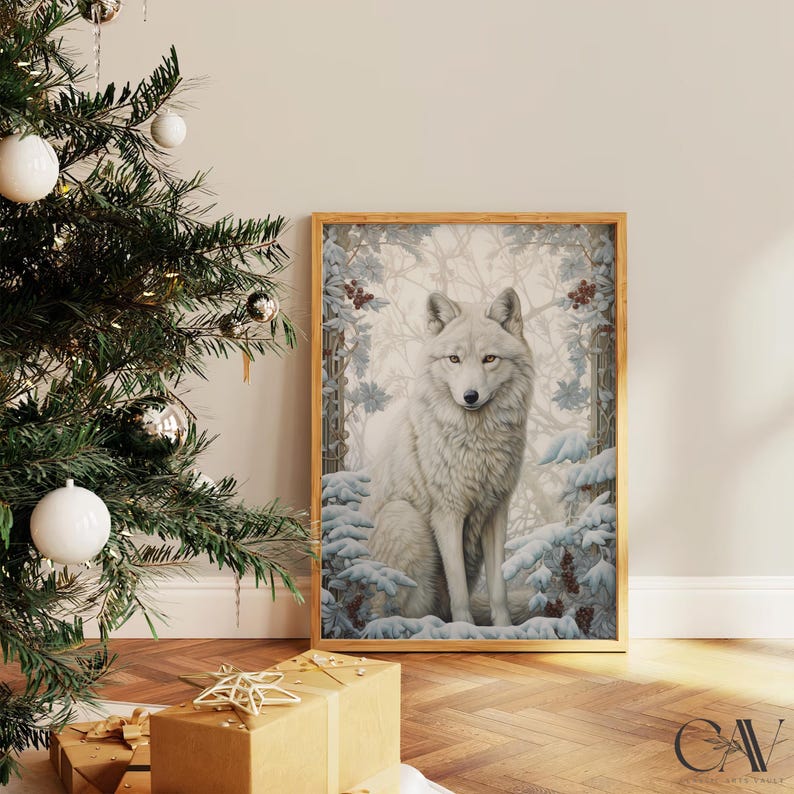William Morris Inspired White Wolf Winter Art Print Poster Rustic ...