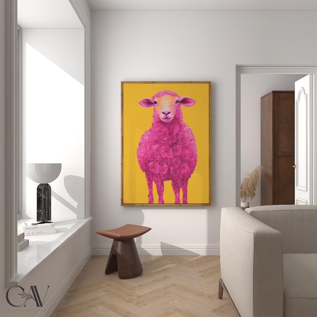Pink Sheep Roses Maximalist Eclectic Animal Portrait Print Funky Animal Poster Decor Colorful ...