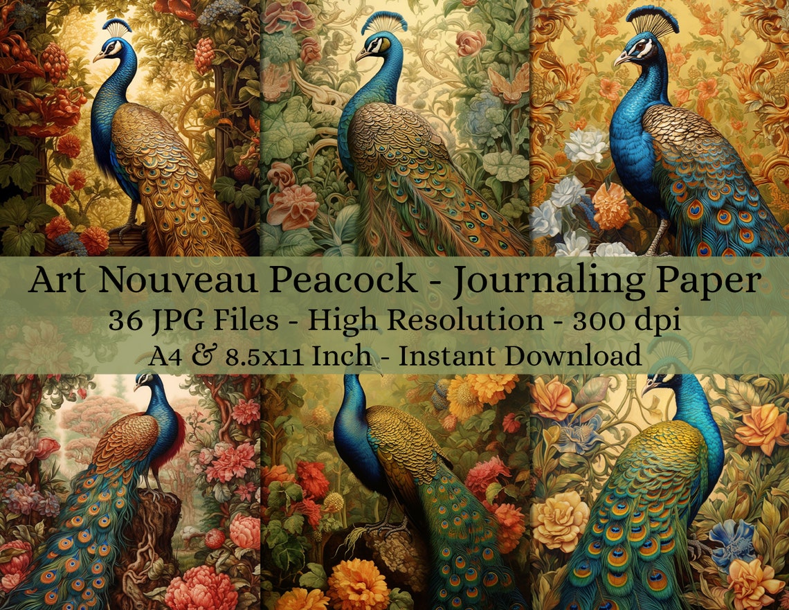 36 Art Nouveau Peacock William Morris Digital Paper Decoupage, Collage ...