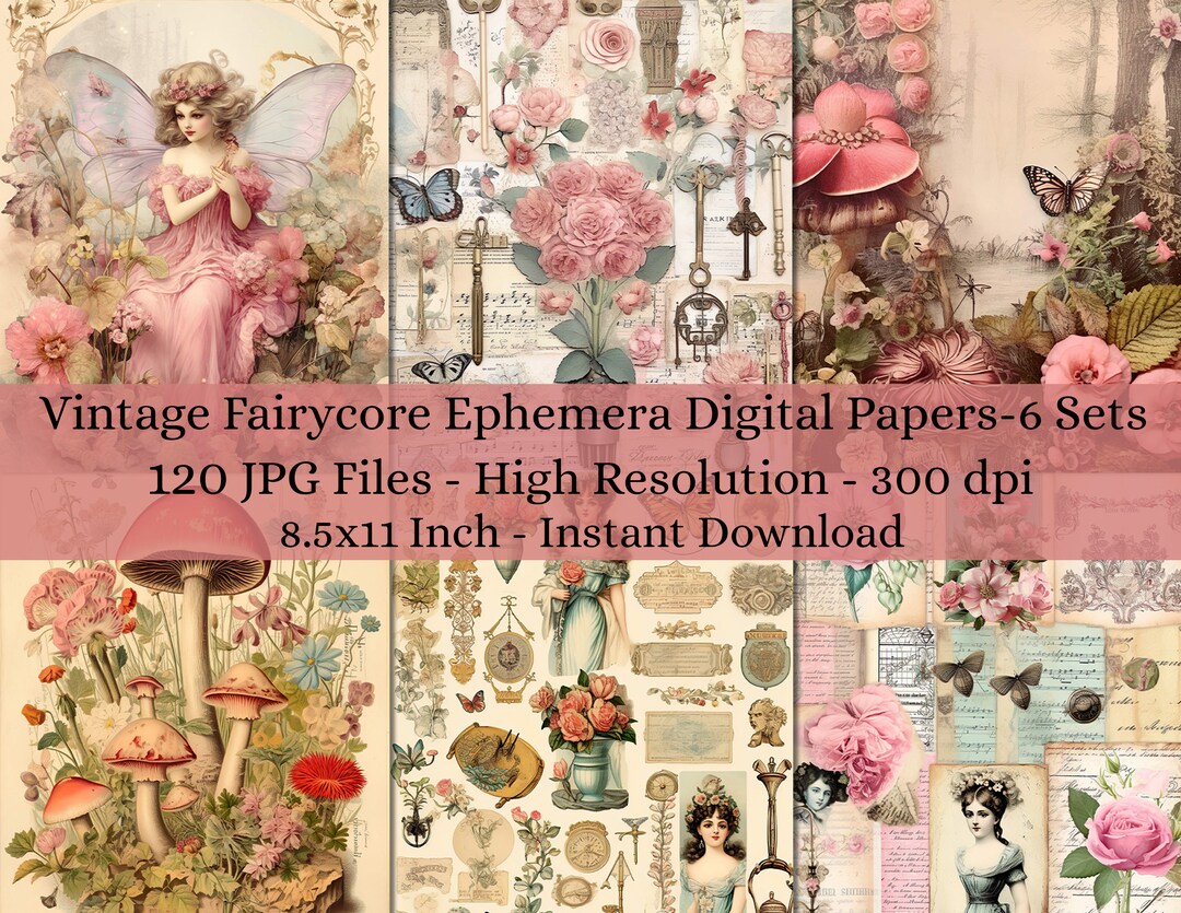 120 Sheet Printable Vintage Fairycore Botanical Ephemera Digital Paper ...