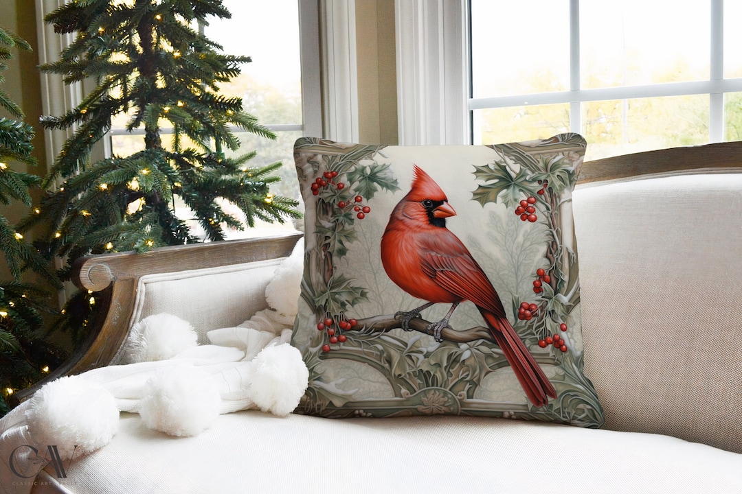 Red Cardinal Bird Pillow William Morris Inspired Winter Christmas ...