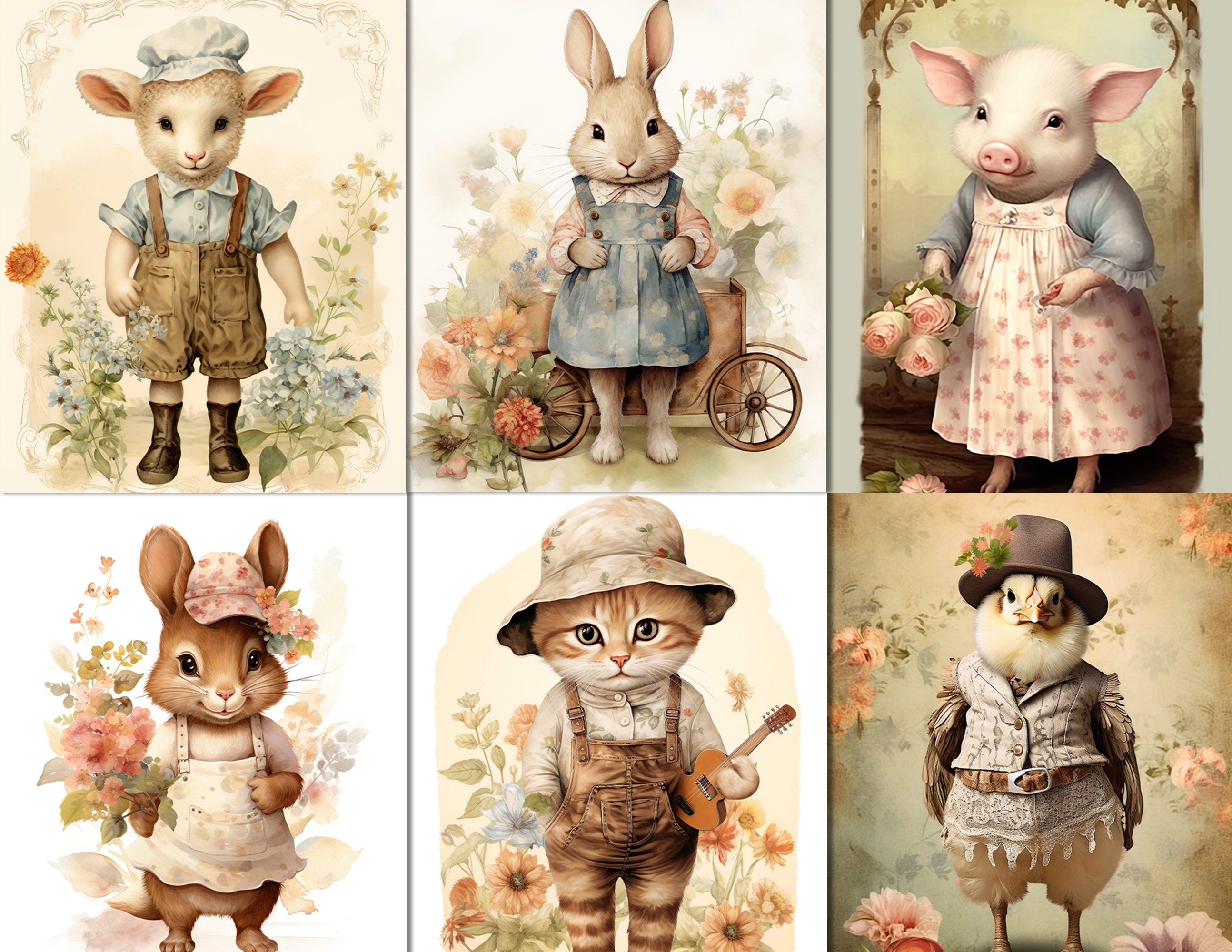 26 Sheet Printable Primitive Farm Animals Ephemera Digital Paper ...