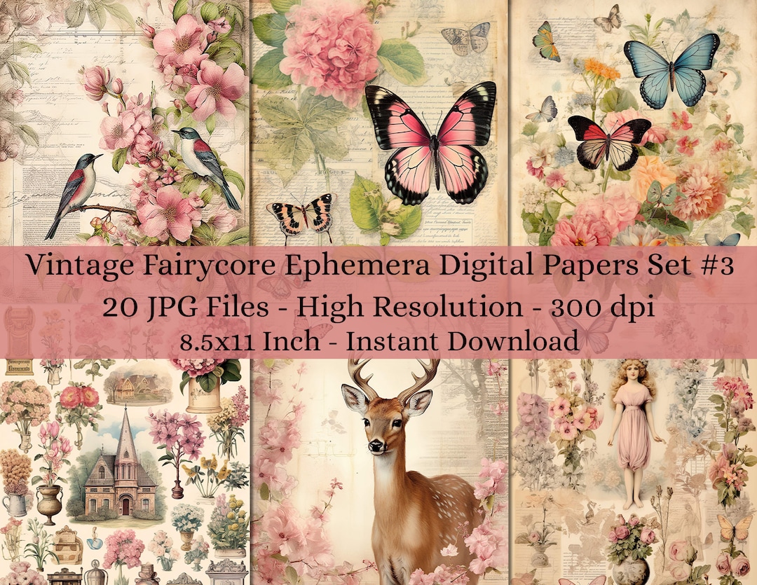20 Sheet Printable Vintage Fairycore Botanical Ephemera Digital Paper ...