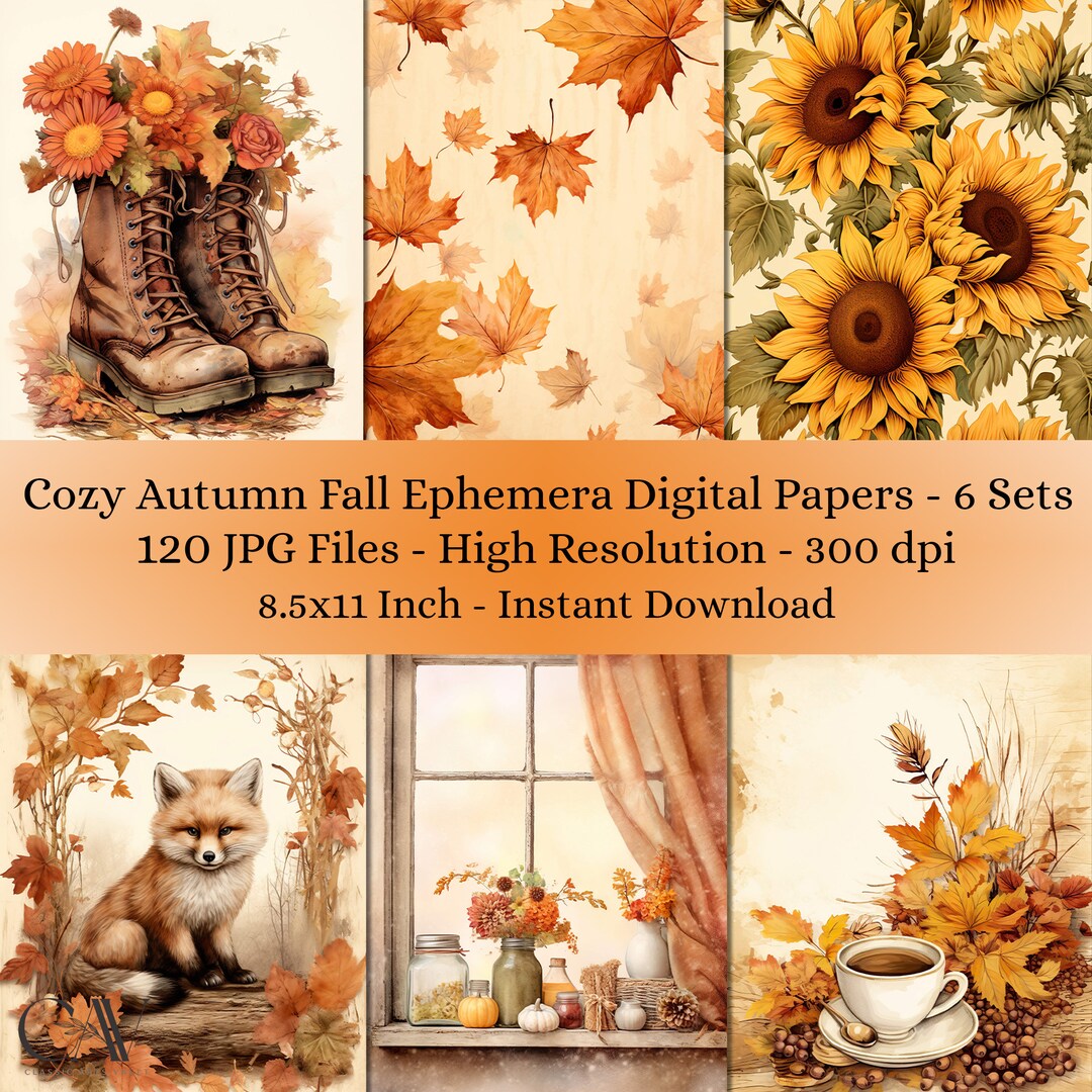 120 Sheet (6 Sets) Printable Cozy Autumn Fall Ephemera Digital Paper ...