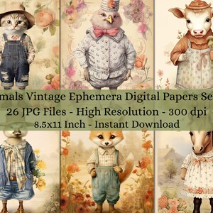78 Sheet Printable Primitive Farm Animals Ephemera Digital Paper ...