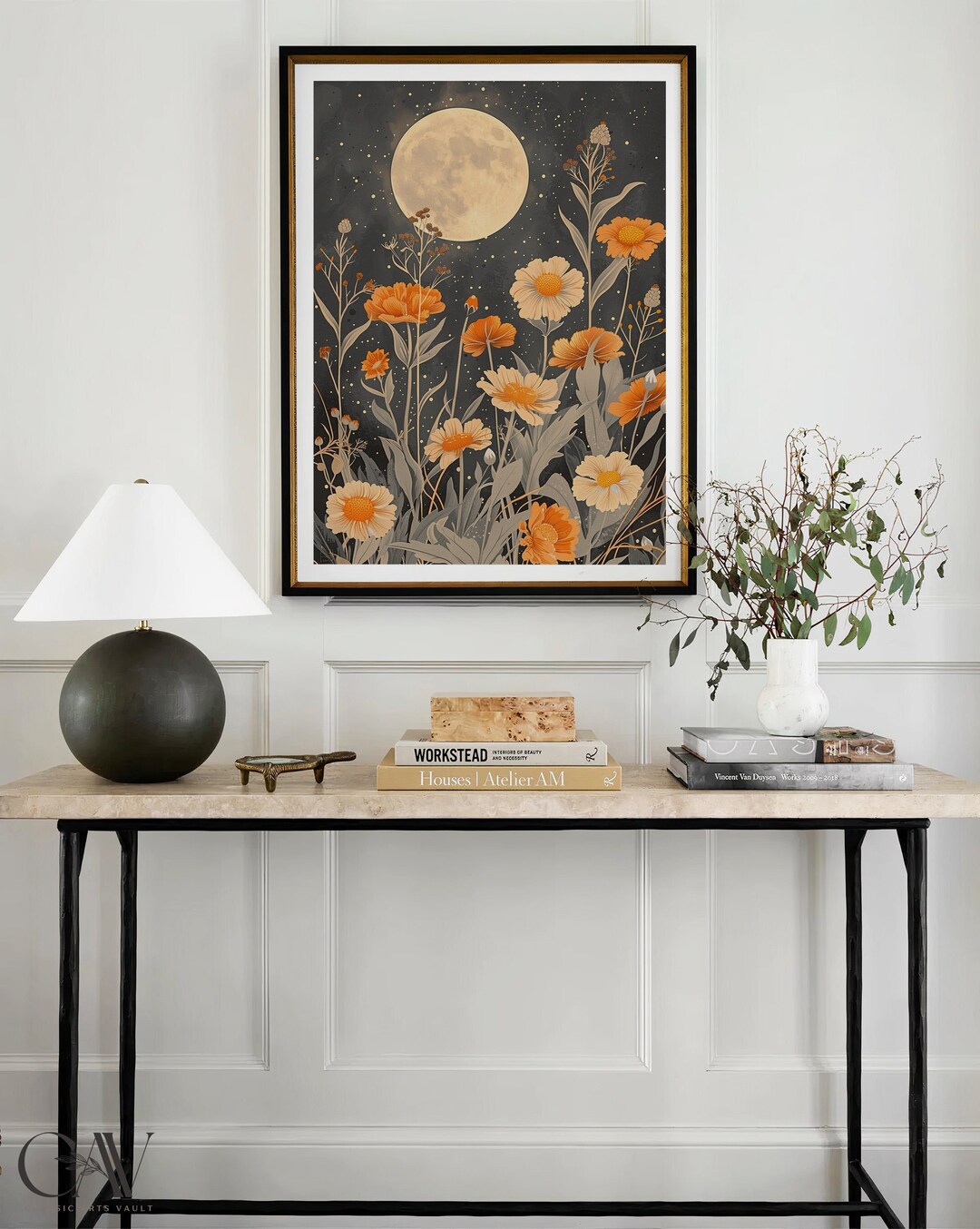 Moon With Wildflower Field Meadow Print, Floral Flower Poster Botanical ...