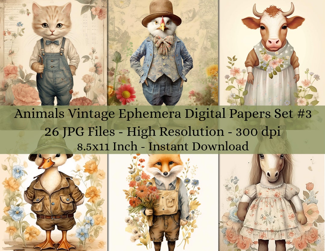 26 Sheet Printable Primitive Farm Animals Ephemera Digital Paper ...