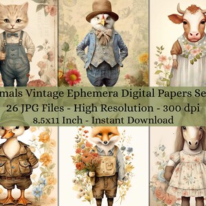 78 Sheet Printable Primitive Farm Animals Ephemera Digital Paper ...
