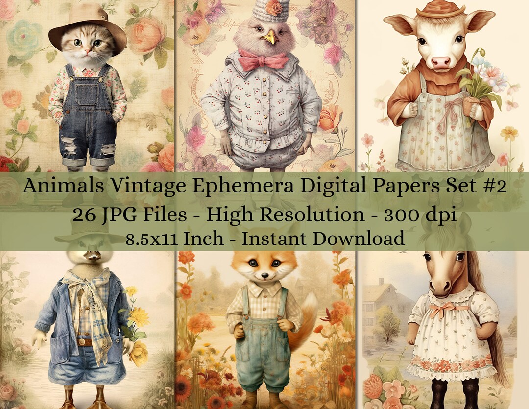26 Sheet Printable Primitive Farm Animals Ephemera Digital Paper ...