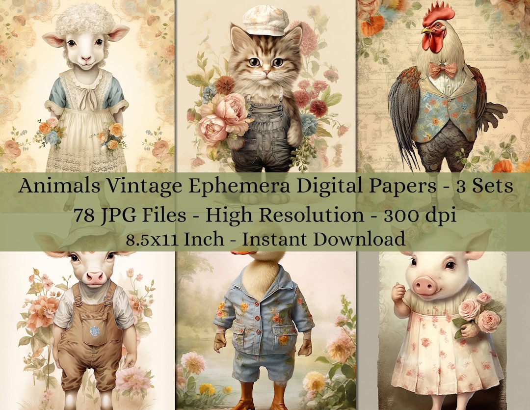 78 Sheet Printable Primitive Farm Animals Ephemera Digital Paper ...