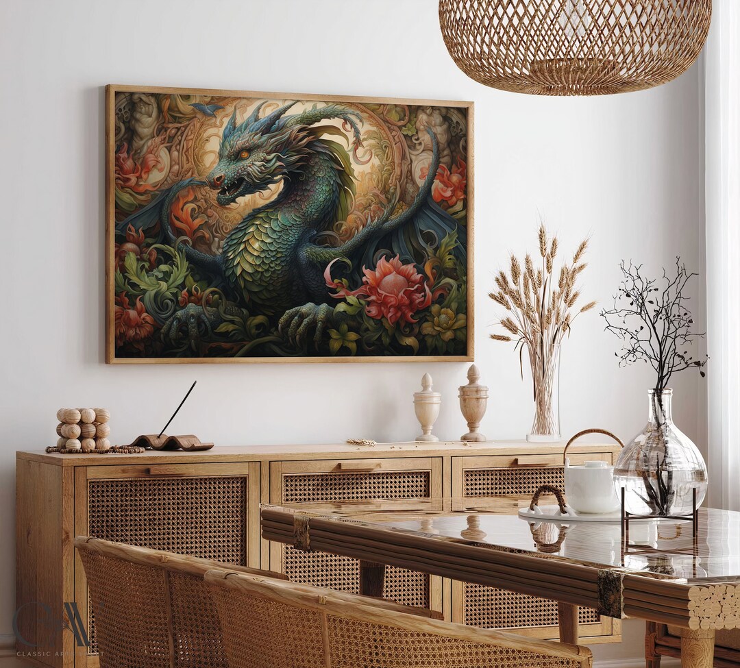 William Morris Inspired Dragon Art Print Poster Rustic Farmhouse ...