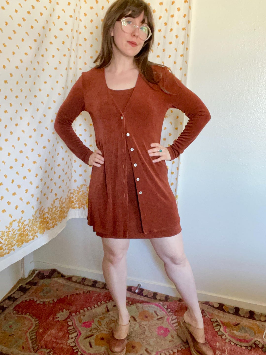 Vintage Rabbit Rabbit Rabbit 90s Burnt Orange Dress & Cardigan Set - Etsy