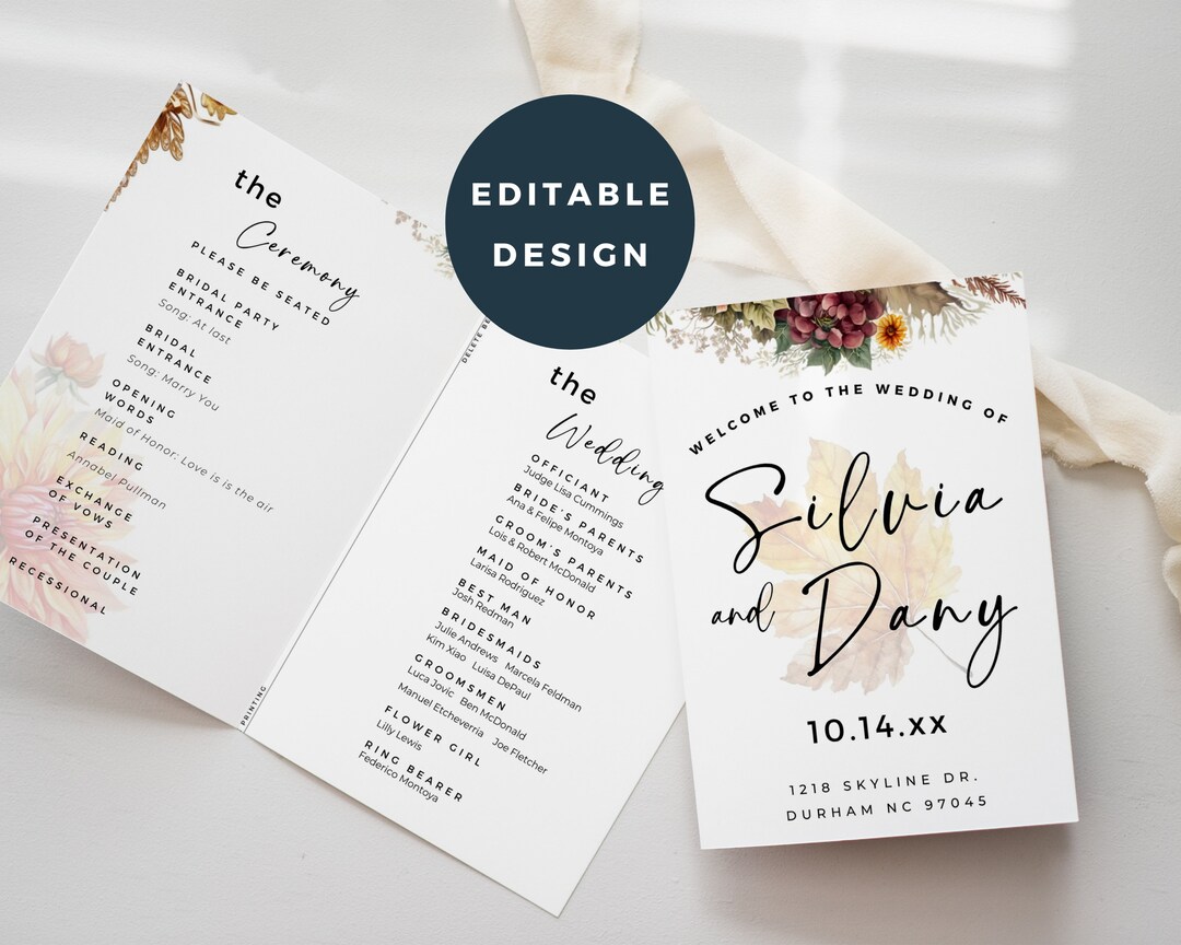 Fall Foldable Program Template, Ceremony Program, Printable-editable ...