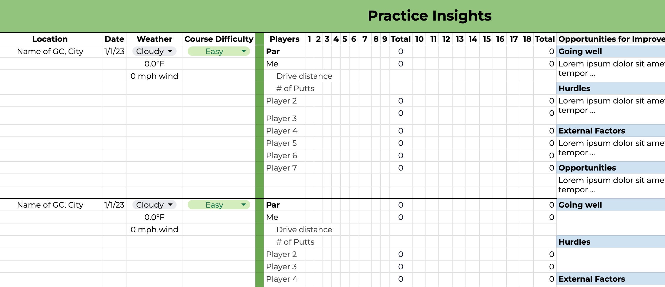 Golf Playbook (junior Version) - A Google Spreadsheet, Sheets, to Track ...