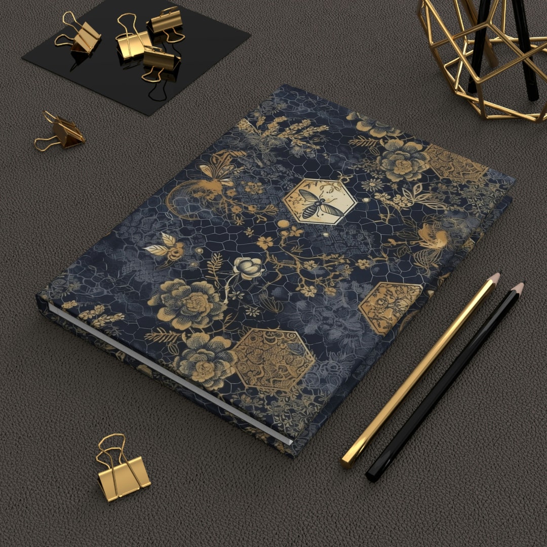 Beautiful Dark Blue Gold Bee Honeycomb Floral Hardcover Journal Matte ...