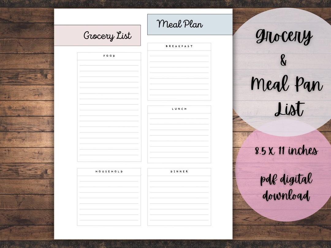 Grocery List and Meal Plan List | Ink Friendly | Digital Download - Etsy