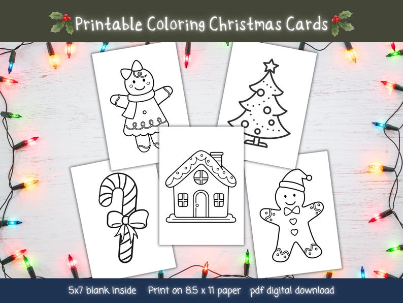 Printable Christmas Coloring Cards | Blank Inside | 5x7 Cards | Bonus ...
