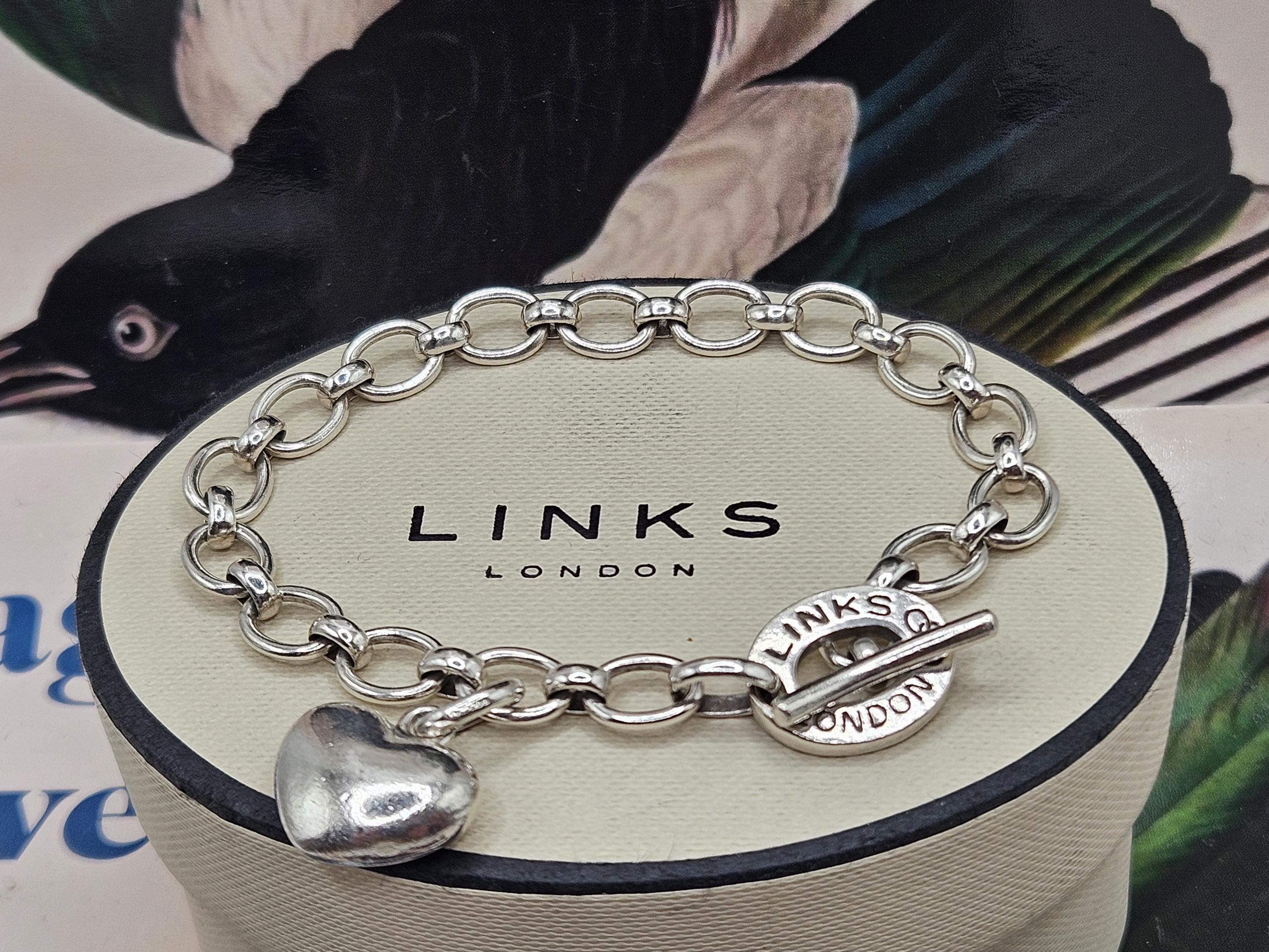 Gorgeous Links of London Sterling Silver Classic T bar Bracelet Puffed Heart Charm Stamps Hallmarkz 19.5cms SUPER CONDITION