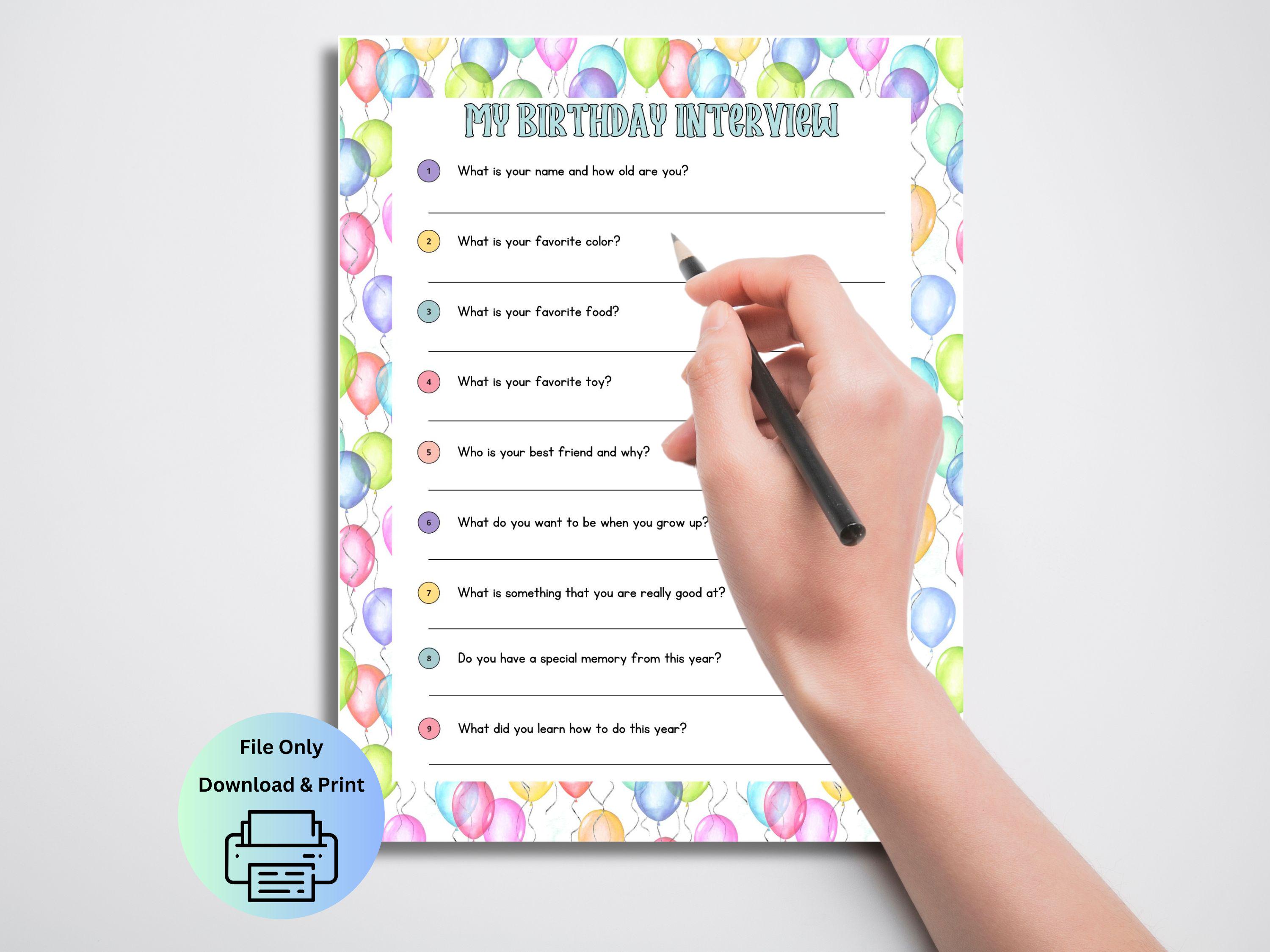 Kid's Birthday Interview Printable, Birthday Questionnaire, Child's ...
