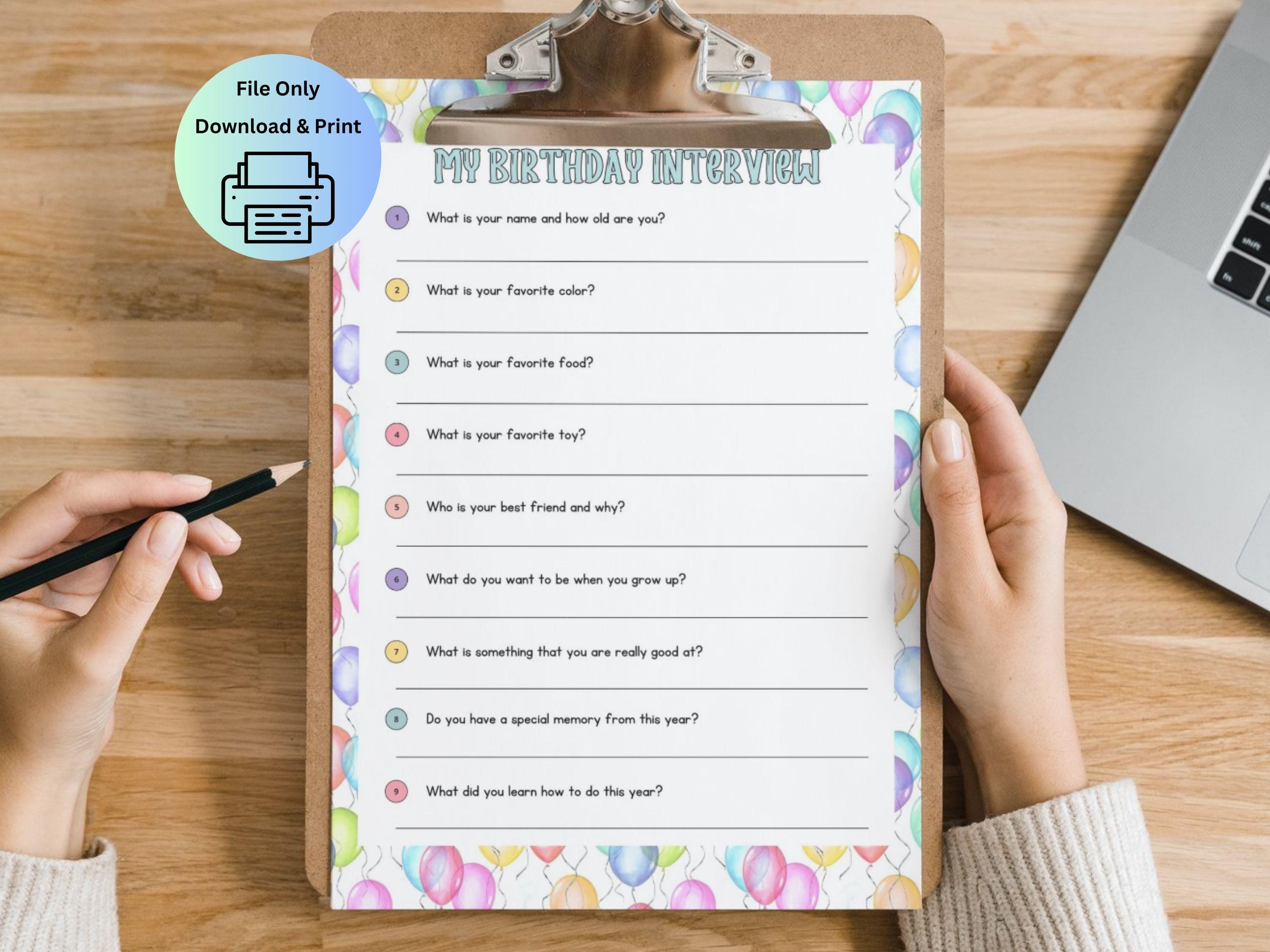 Kid's Birthday Interview Printable, Birthday Questionnaire, Child's ...