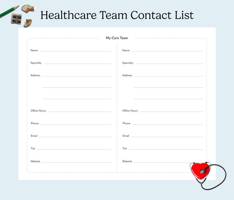 My Care Team | Printable Medical, Doctor, Healthcare Contacts List | A5 ...