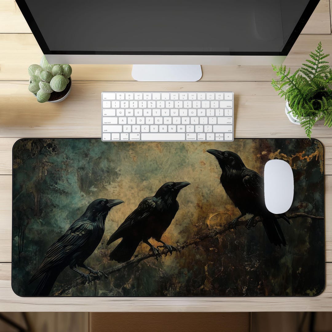 Gothic Vintage 3 Raven Desk Mat Old Goth Crow Art Mousepad Retro Oil ...