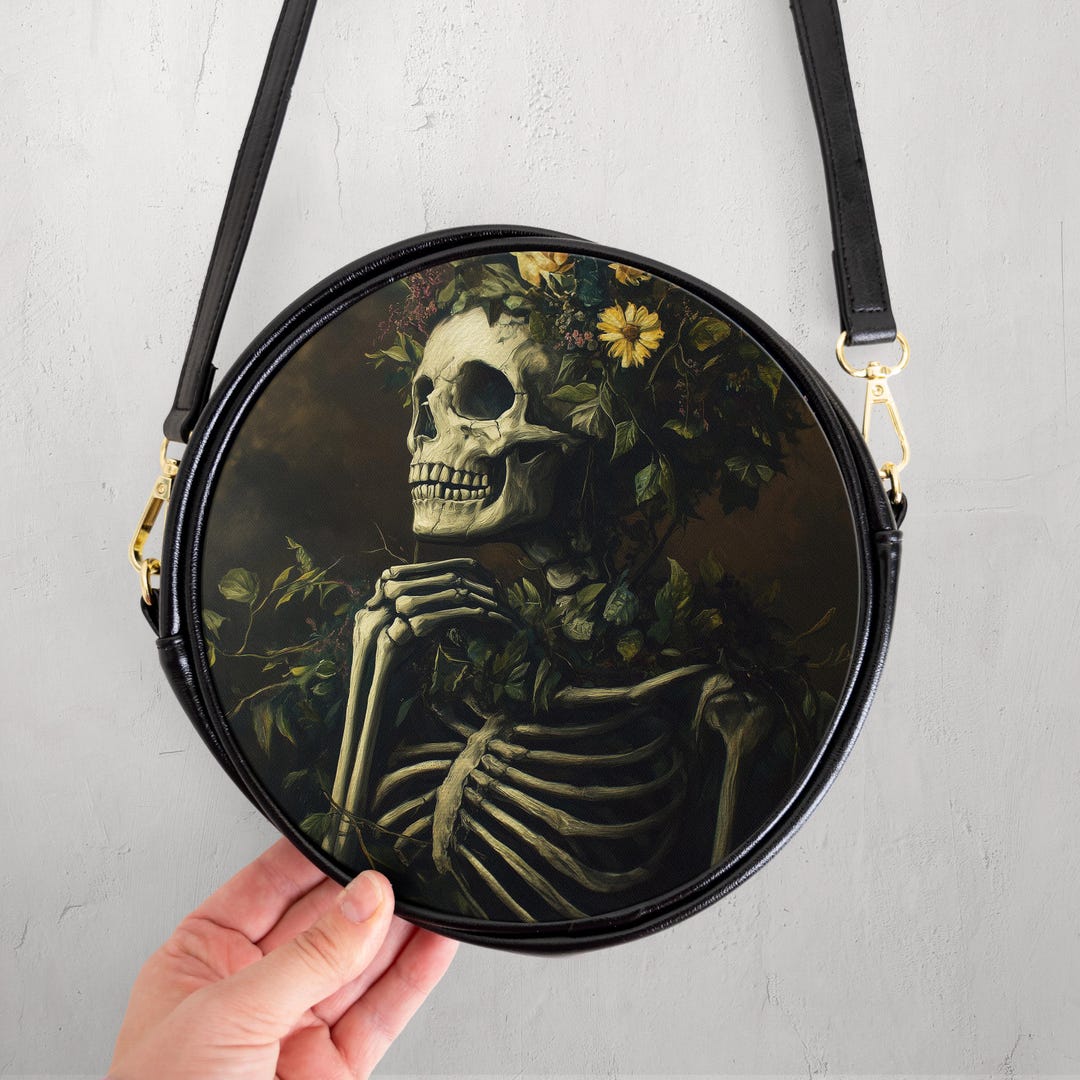 Gothic Girl With a Flower Crown Round Messenger Bag Goth Skeleton Death ...