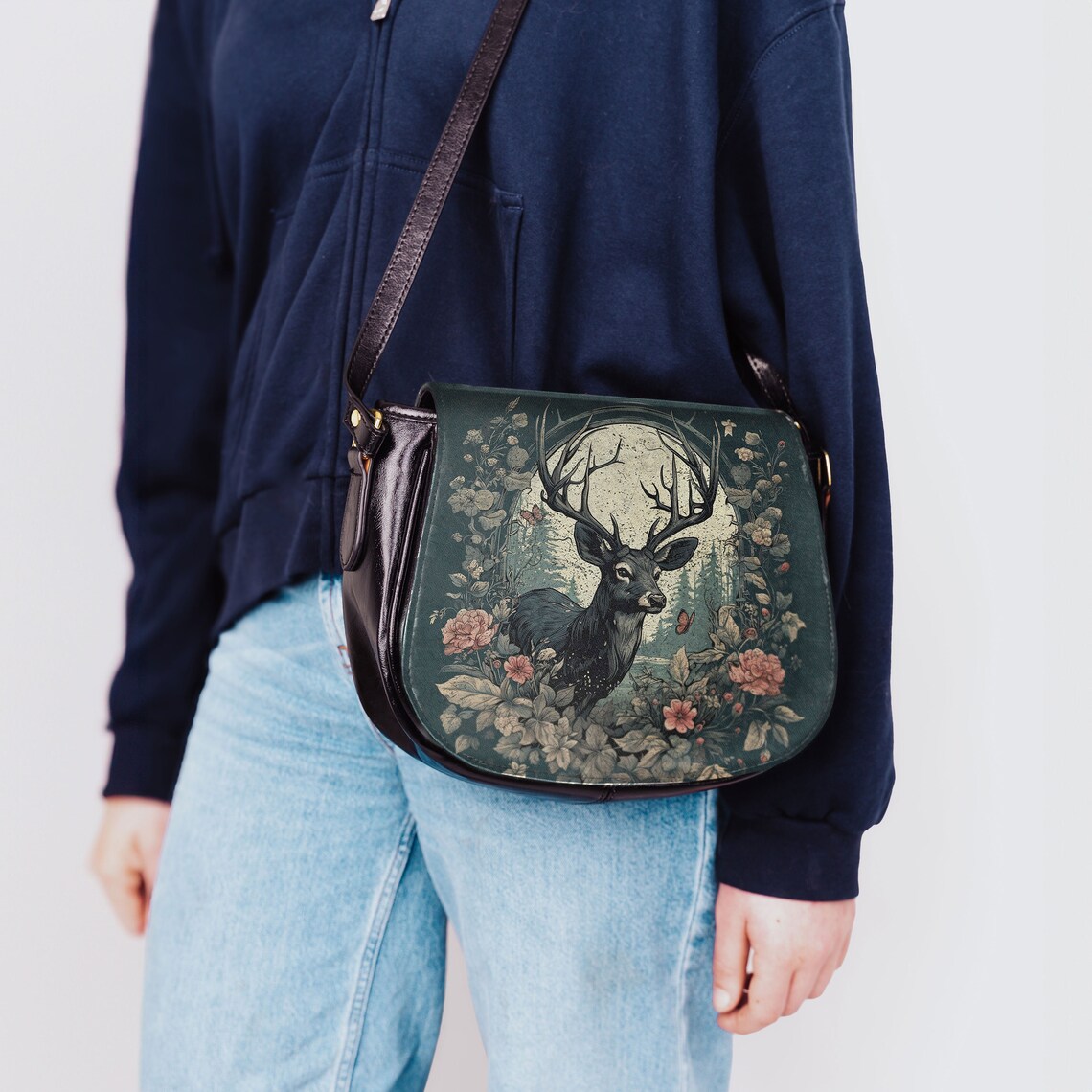 Black Vintage Victorian Woodland Deer Shoulder Bag Whimsical Forest ...