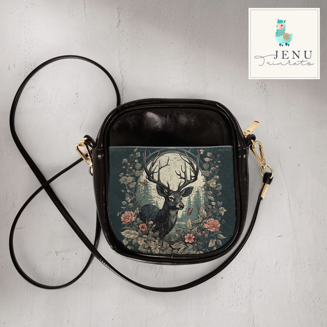 Black Vintage Victorian Woodland Deer Sling Bag Whimsical Forest Stag ...