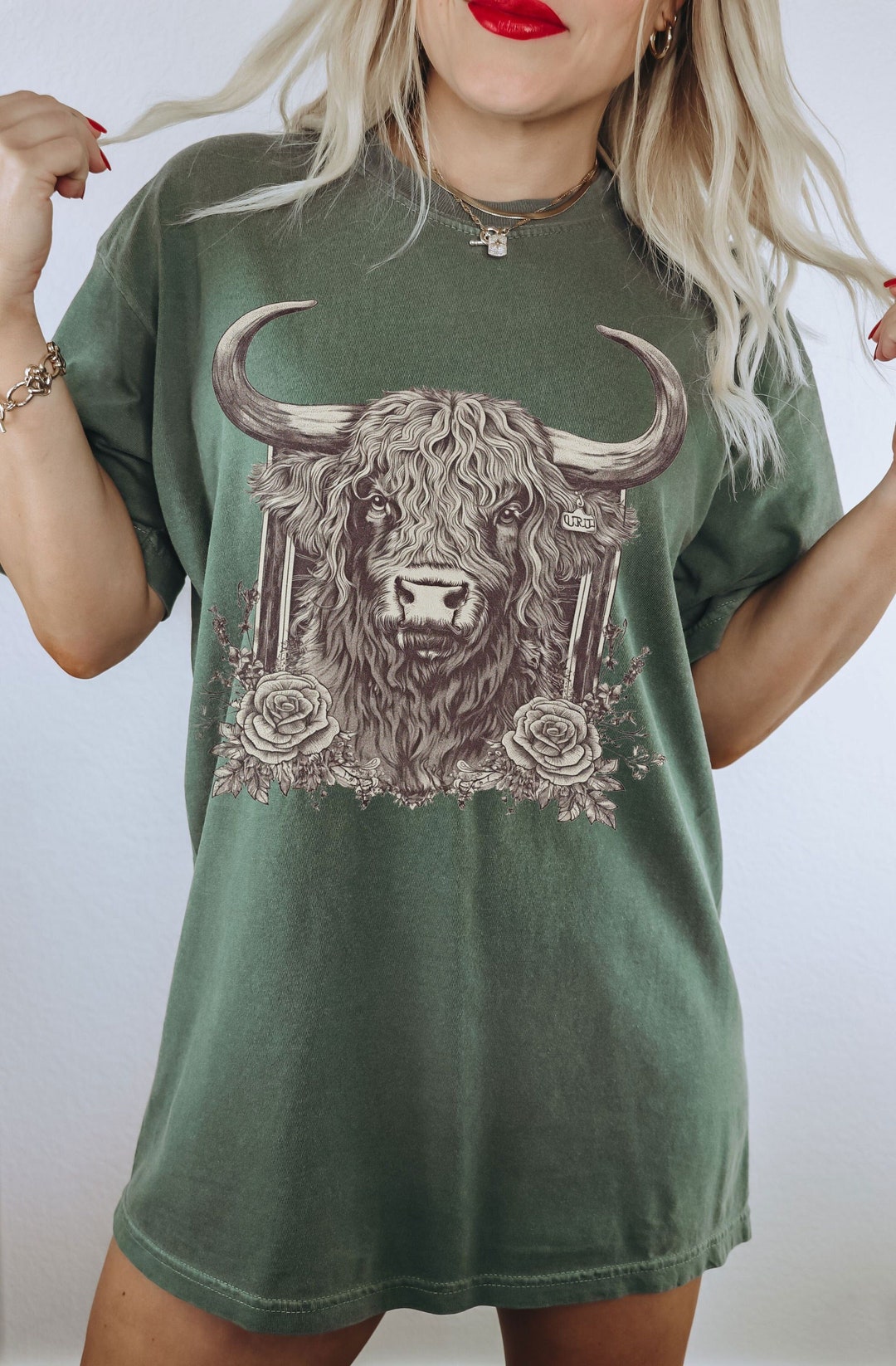 Boho Vintage Highland Cow Tshirt Western Cowboy Cowgirl Tee Farm Animal ...