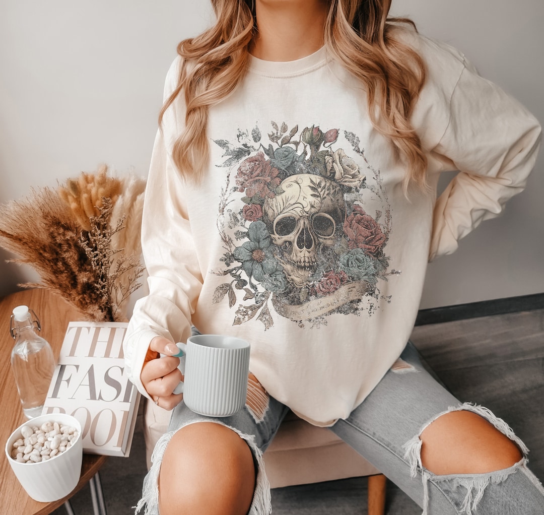 Skeleton Shirts Rock N Roll Skull Roses Long Sleeve Tshirt Vintage ...