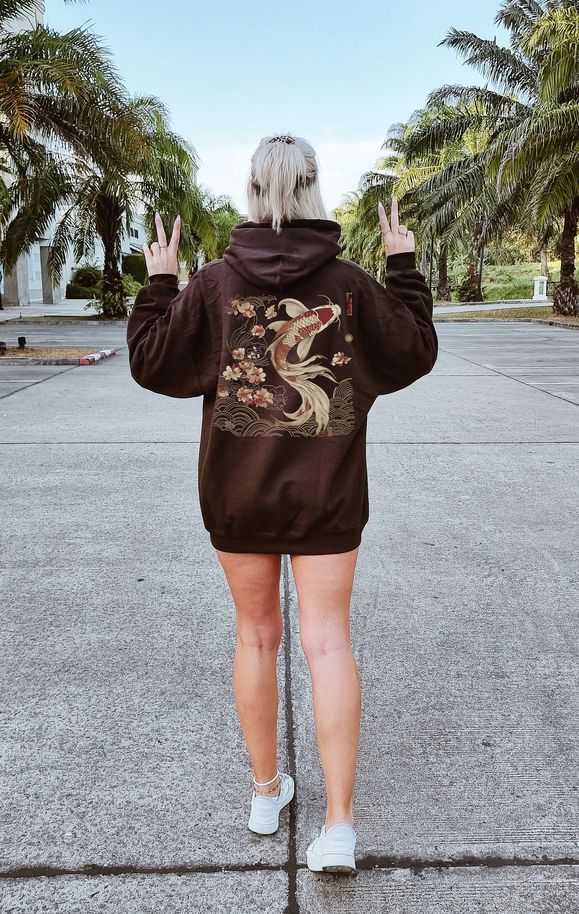 Cozy Vintage Japanese Koi Fish Hoodie Nautical Animal Asian Art Nouveau ...
