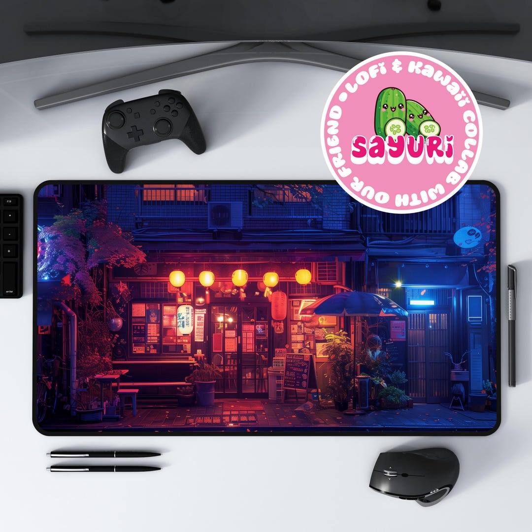Asian Lofi Neon Shop Desk Mat Cyberpunk Night Mousepad Tokyo Street Red ...