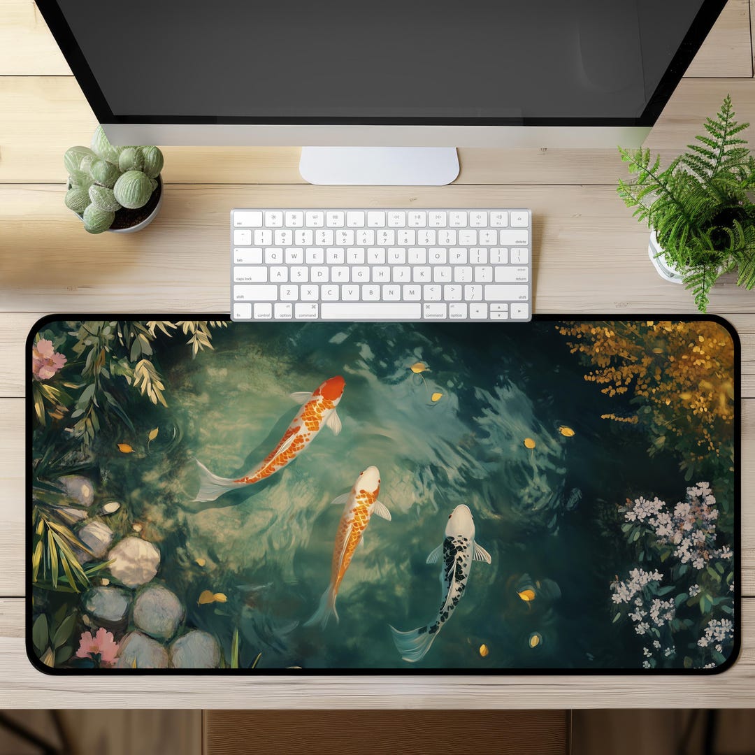 Cute Green Koi Fish Pond Desk Mat Vintage Art Painting Water Mousepad ...